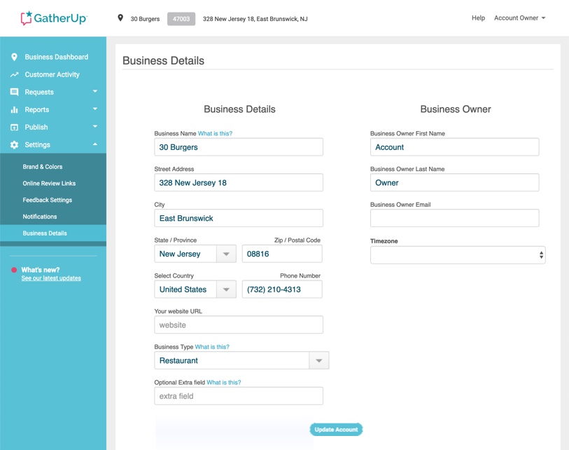 Update Business Details for a Location