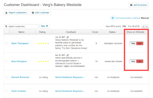 Displaying or Hiding Customer Feedback on a Website